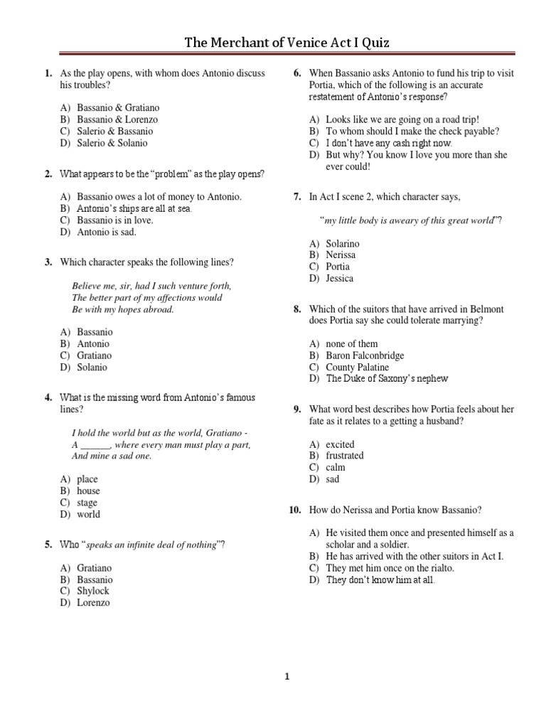 The Merchant of Venice Act I Quiz | PDF | The Merchant Of Venice | Shylock