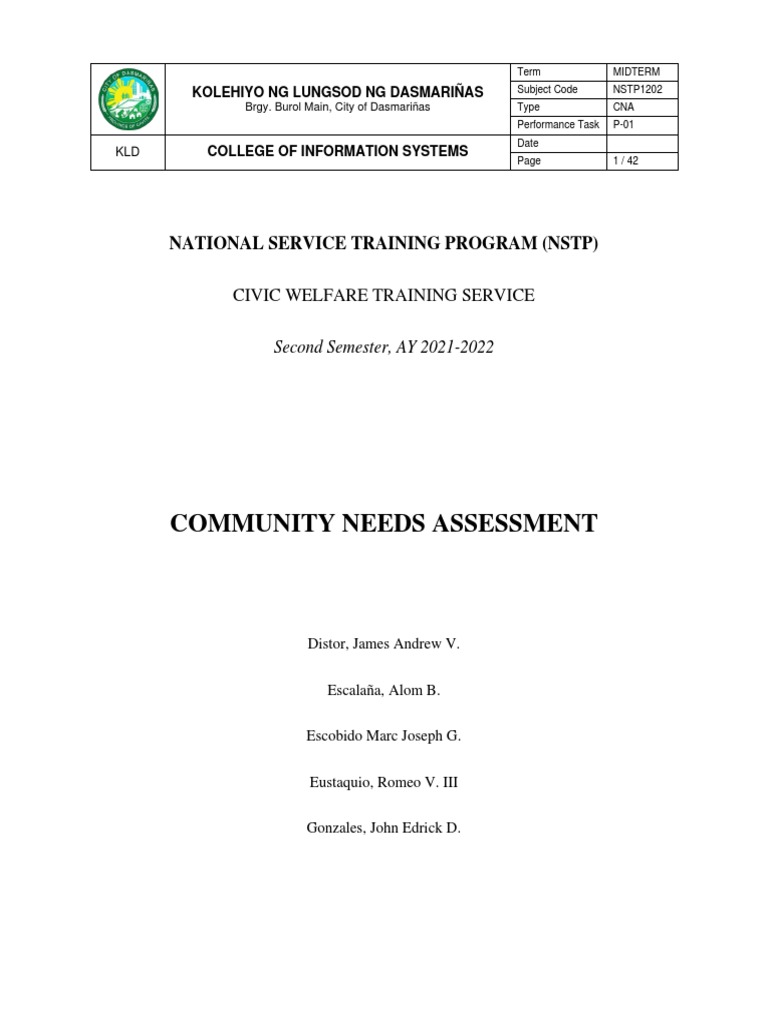 Community Needs Assessment: National Service Training Program (NSTP ...