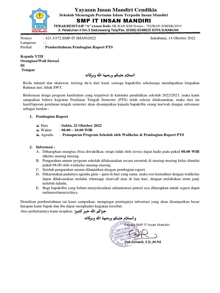 Pembagian Raport PTS SMP IT | PDF