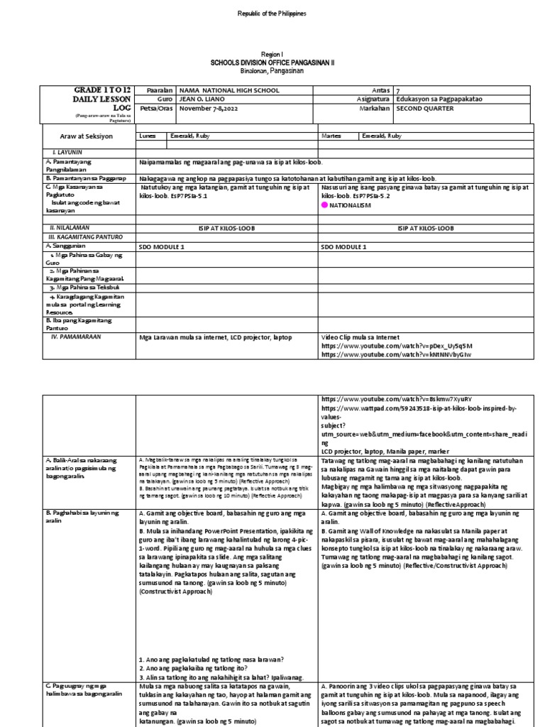 JMD Esp 7 Week 1 Quarter 2 | PDF