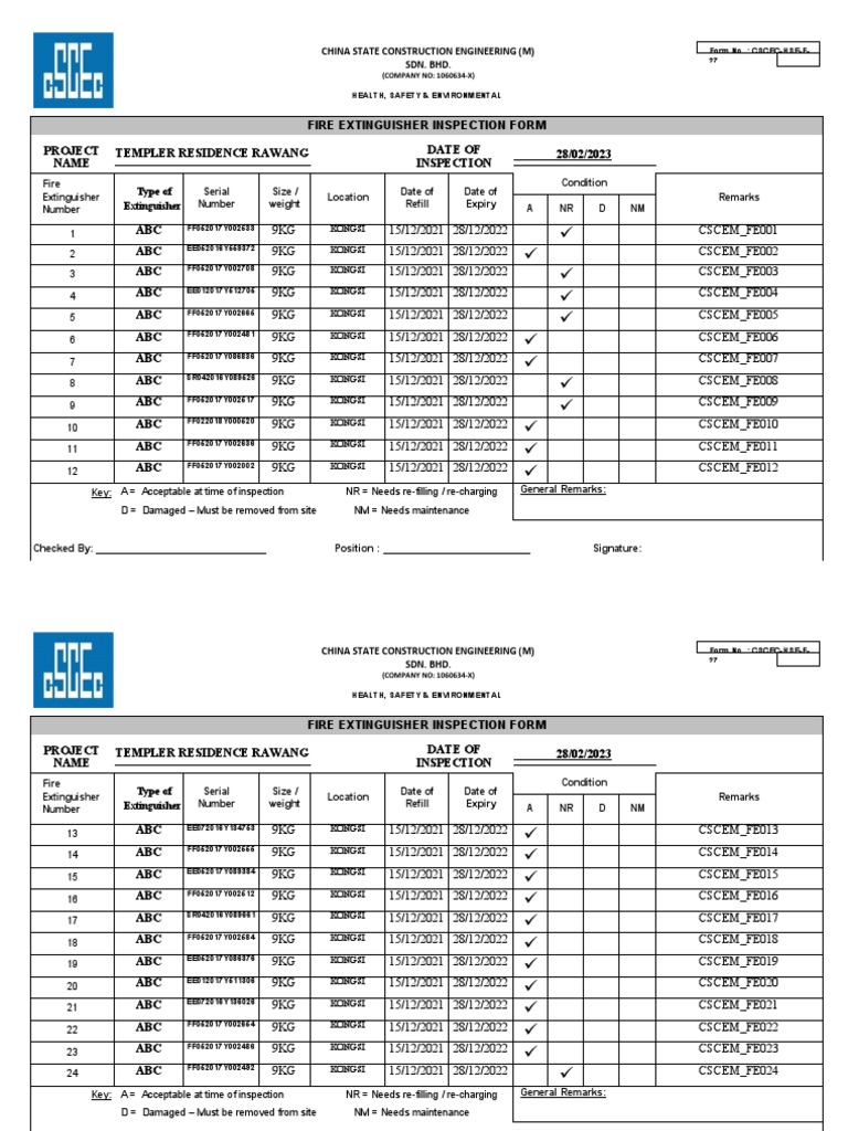 27 - Fire Extinguisher Form TEMPLER (NOV 2022) | Download Free PDF | Safety