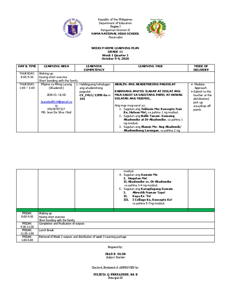 Filipino 11 - Weekly-Home-Learning-Plan-2020-2021 - 1 | PDF | Philippines Filipino 11 - Weekly-Home-Learning-Plan-2020-2021 - 1 | PDF | Philippines
