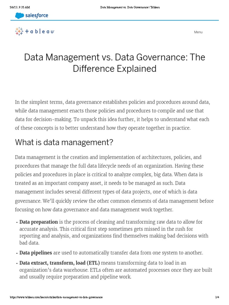 Data Management vs. Data Governance - Tableau | PDF | Governance | Data