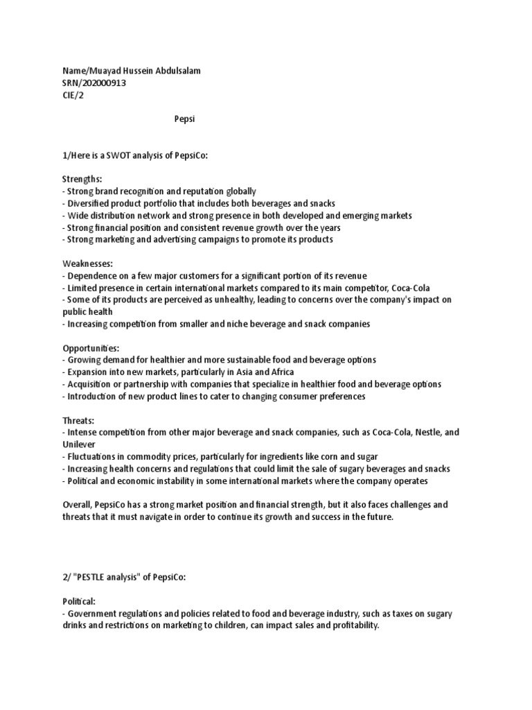 PepsiCo SWOT and Strategic Analysis | PDF | Pepsi Co | Sustainability