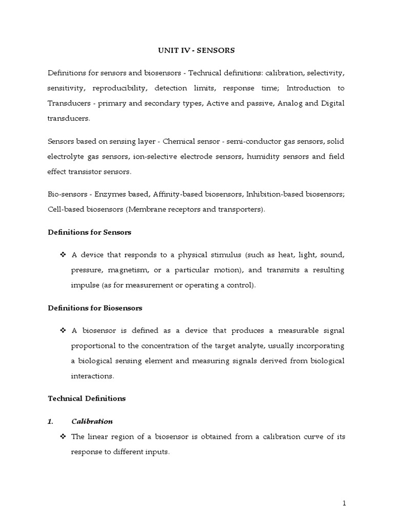 Unit Iv - Sensors | PDF | Biosensor | Sensor
