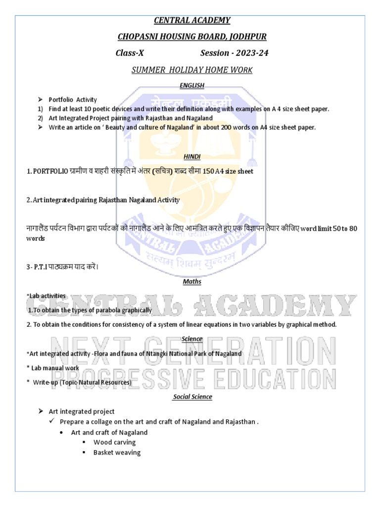 Summer Holiday Homework for Class X | PDF