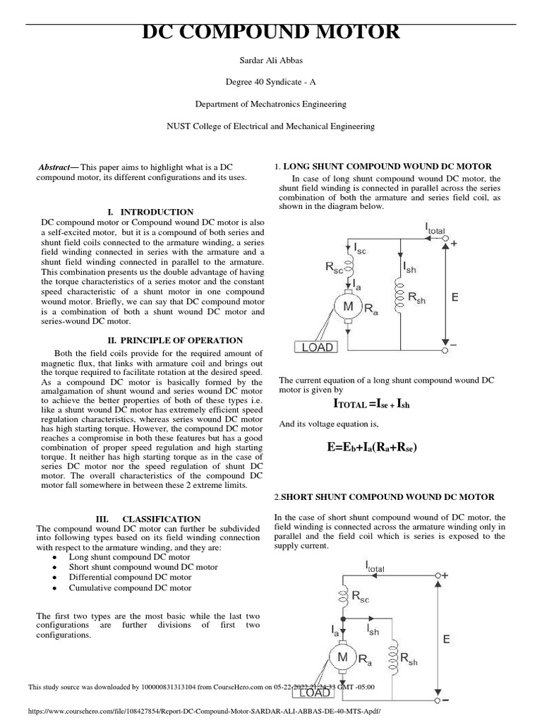 Report DC Compound Motor Sardar Ali Abbas de 40 Mts A PDF | PDF | Electric Motor | Electricity