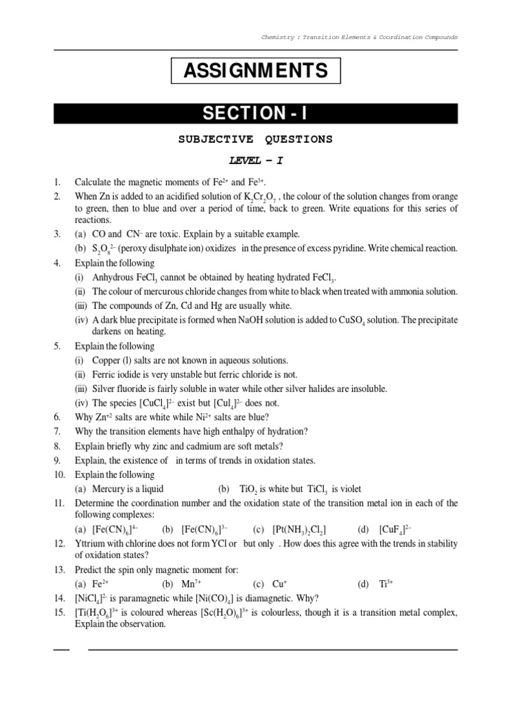 Tranisition Elements-03 - Assignments (New) | PDF | Hydroxide | Coordination Complex