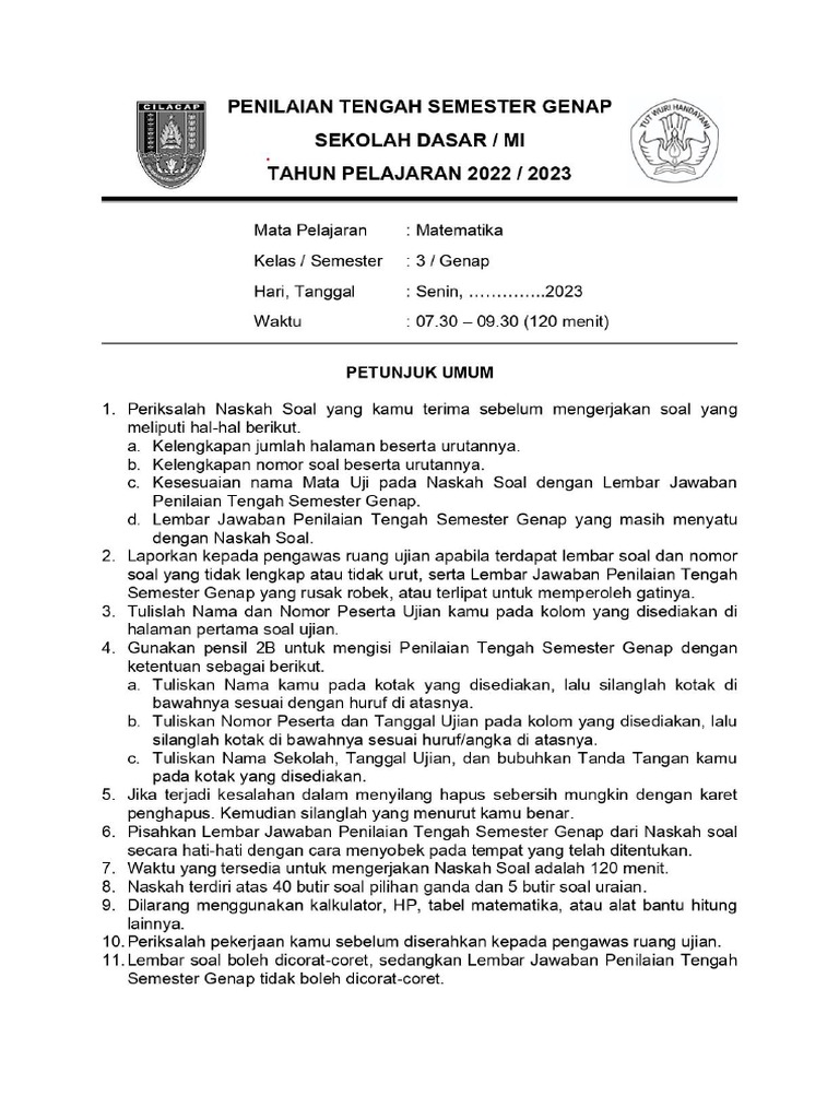 PTS Genap Kelas 5 Matematika 2023 | PDF | Metode & Bahan Ajar | Griya & Taman