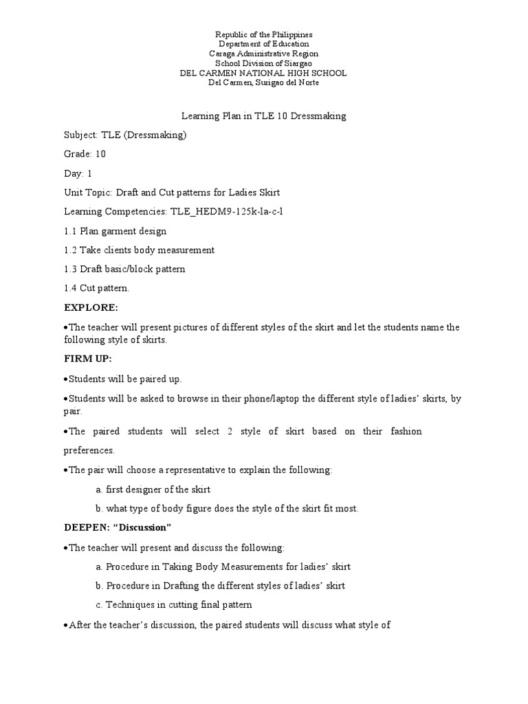 Learning Plan in TLE 10 Dressmaking | Download Free PDF | Skirt | Learning