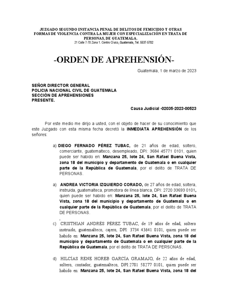 Orden de Aprensión | PDF | Guatemala | Gobierno