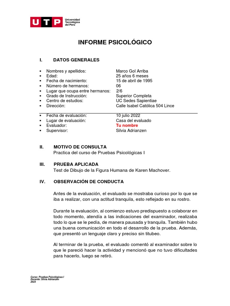 Modelo Informe Psicologico | PDF | Las emociones | Temor