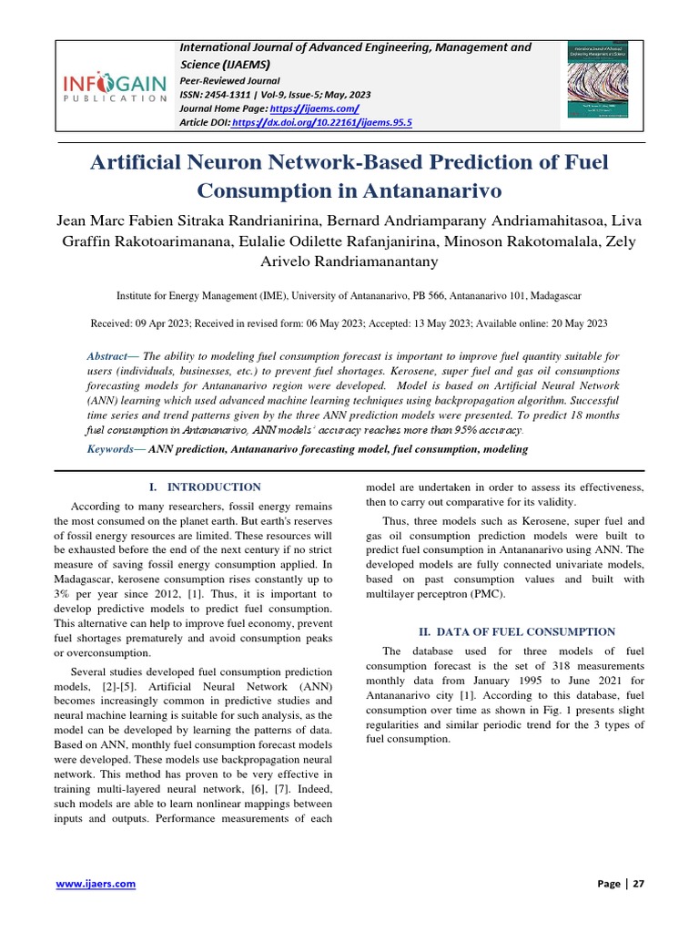 Artificial Neuron Network Based Prediction Of Fuel Consumption In Antananarivo Pdf