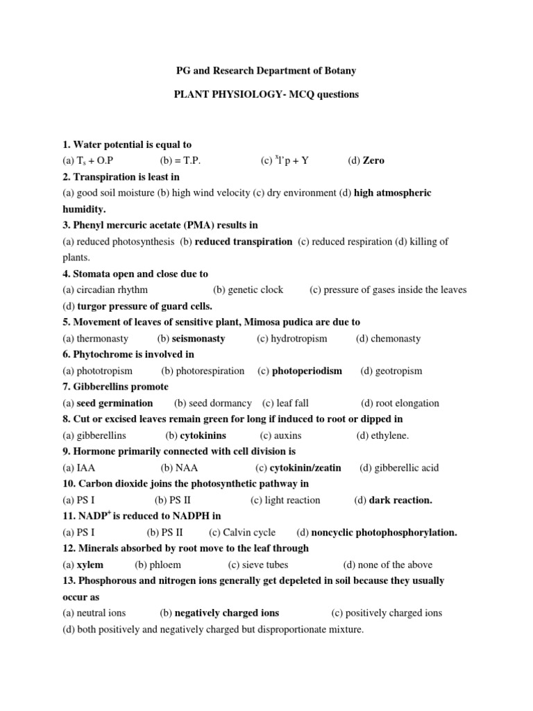 PG BOTANY Plant Physiology Question Bank Complete | PDF ...