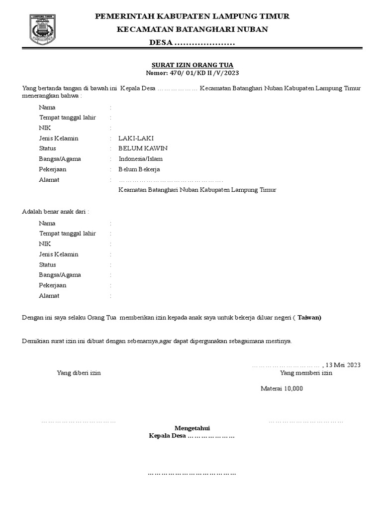 Surat Izin Orang Tua Bekerja ke Luar Negeri | PDF