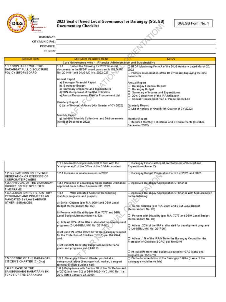 2023 SGLGB Documentary Checklist | PDF | Financial Statement