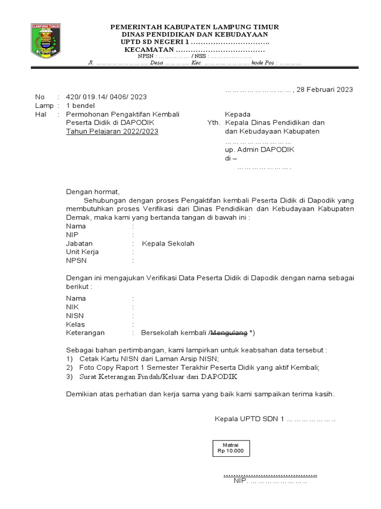 Permohonan Pengaktifan Kembali Peserta Didik | PDF