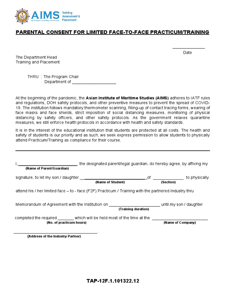 Tap 12f Parental Consent For Limited Face Face Practicum Training | PDF ...