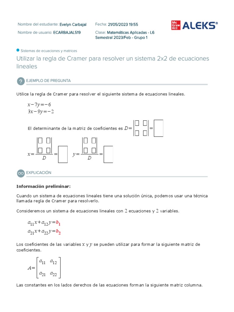 Utilizar La Regla de Cramer para Resolver Un Sistema 2x2 de Ecuaciones Lineales | PDF | Álgebra ...