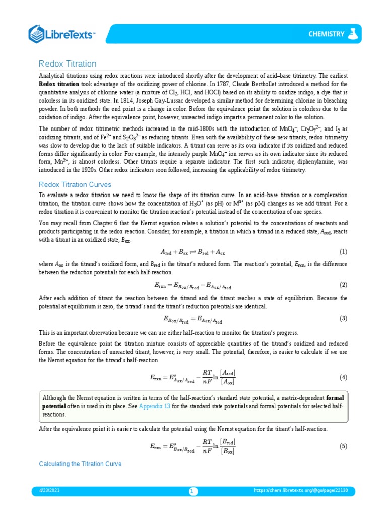 Redox Titration | PDF | Titration | Chemistry
