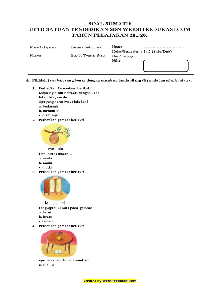 Soal Sumatif B. Indo Kelas 1 - Bab 5 Teman Baru | PDF | Seni & Disiplin Bahasa