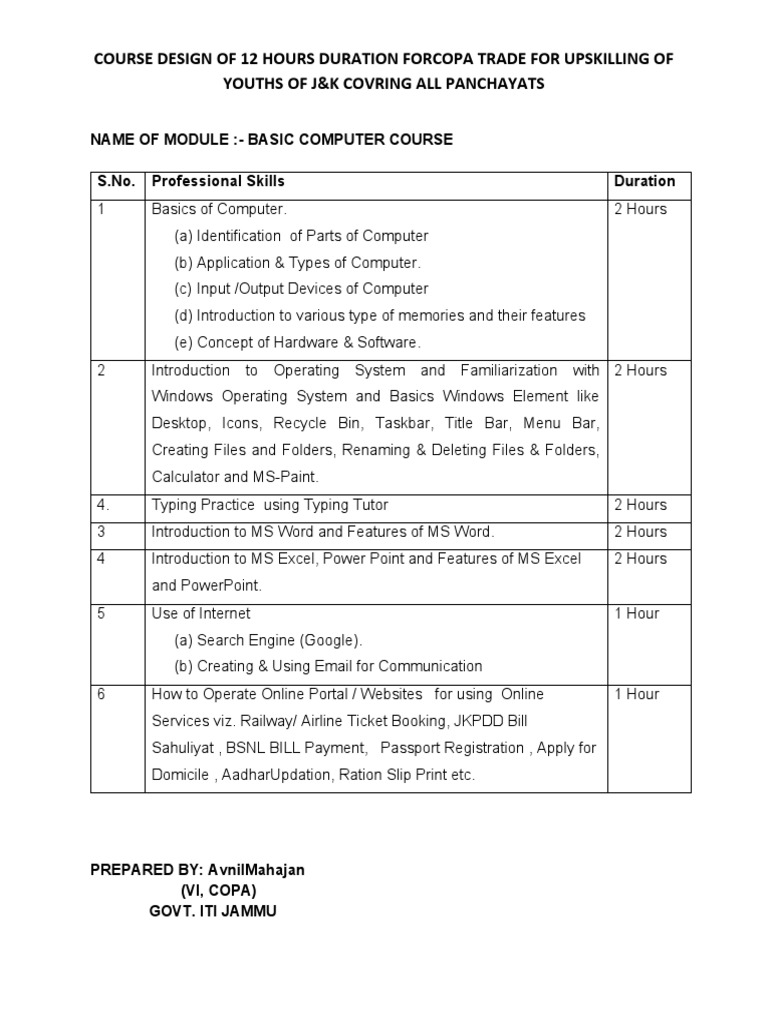 Course Designed Basic Computer Course Pdf