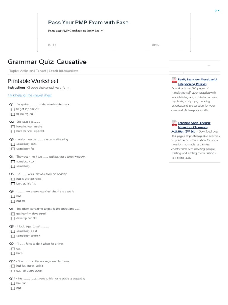 'Causative' English Quiz & Worksheet UsingEnglish Com | PDF | Linguistics