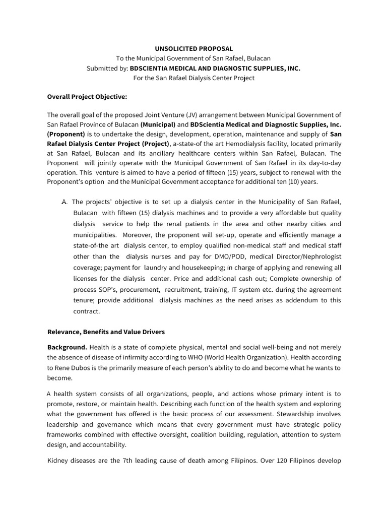 Mun of San Rafael (Unsolicited Proposal) 3.8.2023 | PDF | Hemodialysis | Medicine