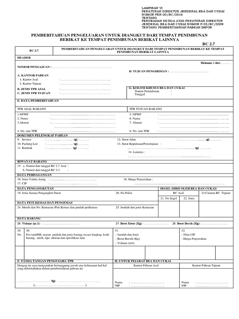 PER 20 BC2016 - Formulir BC, 27 | PDF