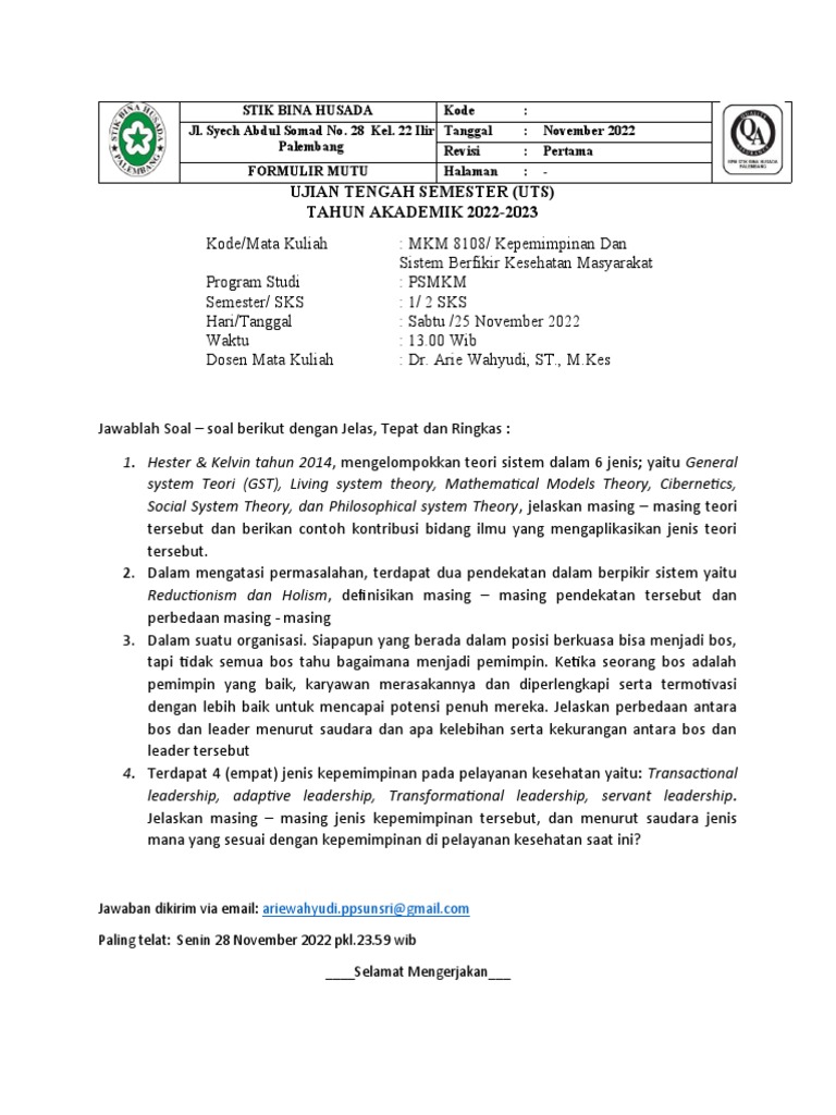22.13101.12.48 - A3 - DR Rahmad Ade Irawan - UTS Kepemimpinan Dan Berfikir Sistem Kesmas | PDF