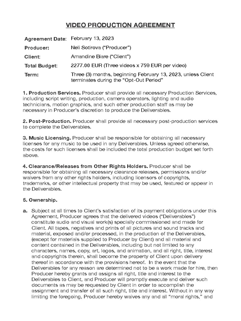 Video Production Agreement Template | PDF | License | Breach Of Contract