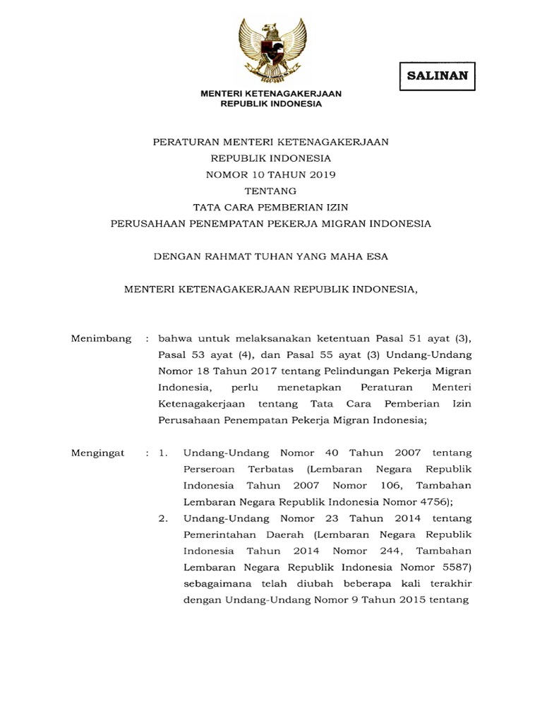 Permenaker No 10 TH 2019 Tentang Tata Cara Pemberian Izin P3MI | PDF