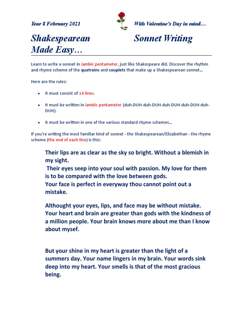 Shakespearean Sonnet Writing Made Easy For Year 8MD | PDF | Sonnets ...