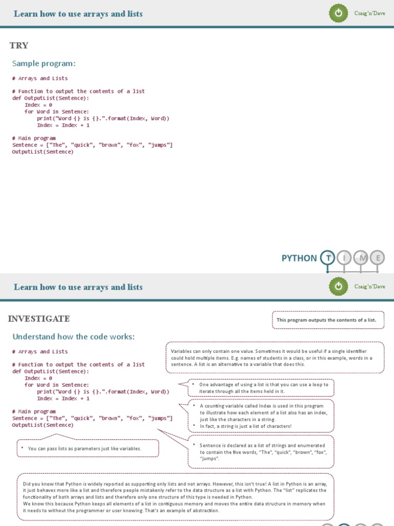 Python Objective 08 Learn How To Use Arrays And Lists Workbook Pdf Computer Program