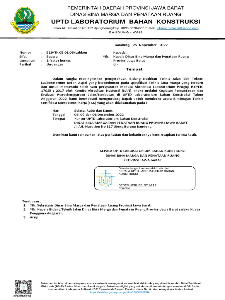 Undangan Bimbingan Teknik SKK 2022 | PDF