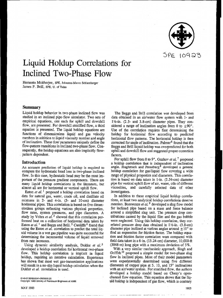 Mukherjee & Brill - SPE 10923 Liquid Holdup Correlations For Inclined Two-Phase Flow-1-6 | PDF ...