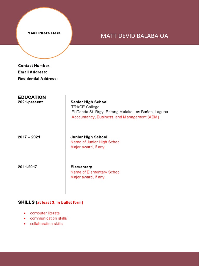 Work Immersion Resume Template | PDF