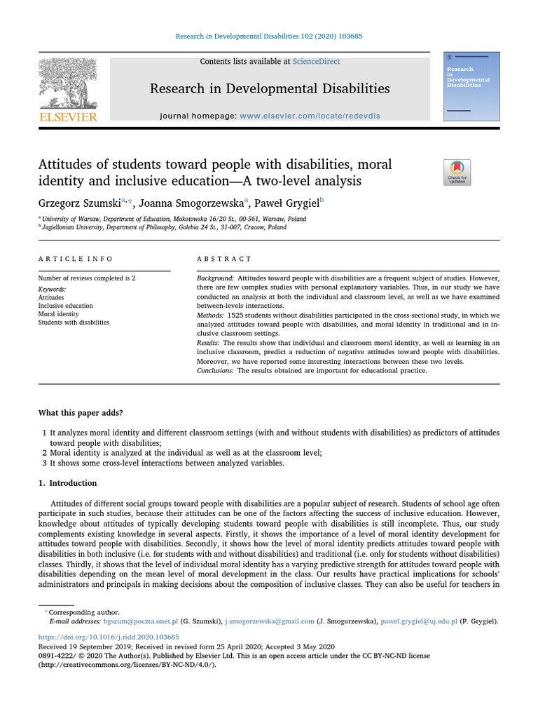 Attitudes of Students Toward People With Disabilities, Moral Identity and Inclusive Education-A ...