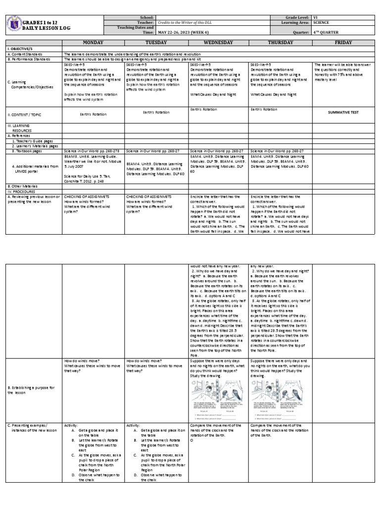 DLL - Science 6 - Q4 - W4 | PDF | Wound | Earth