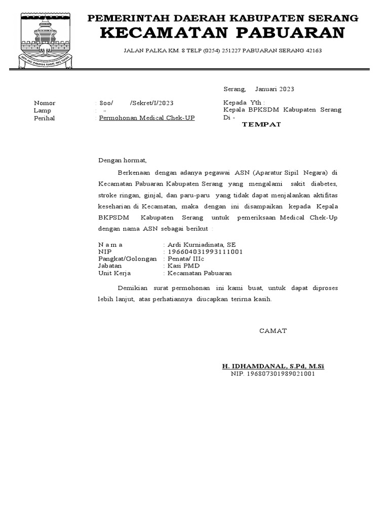 Surat Permohonan MCU Ardi Kurniadinata | PDF