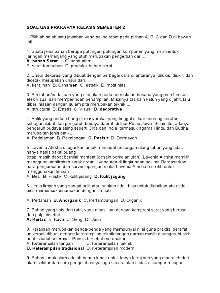 Soal Ujian Prakarya Kls 9 Semester Genap | PDF