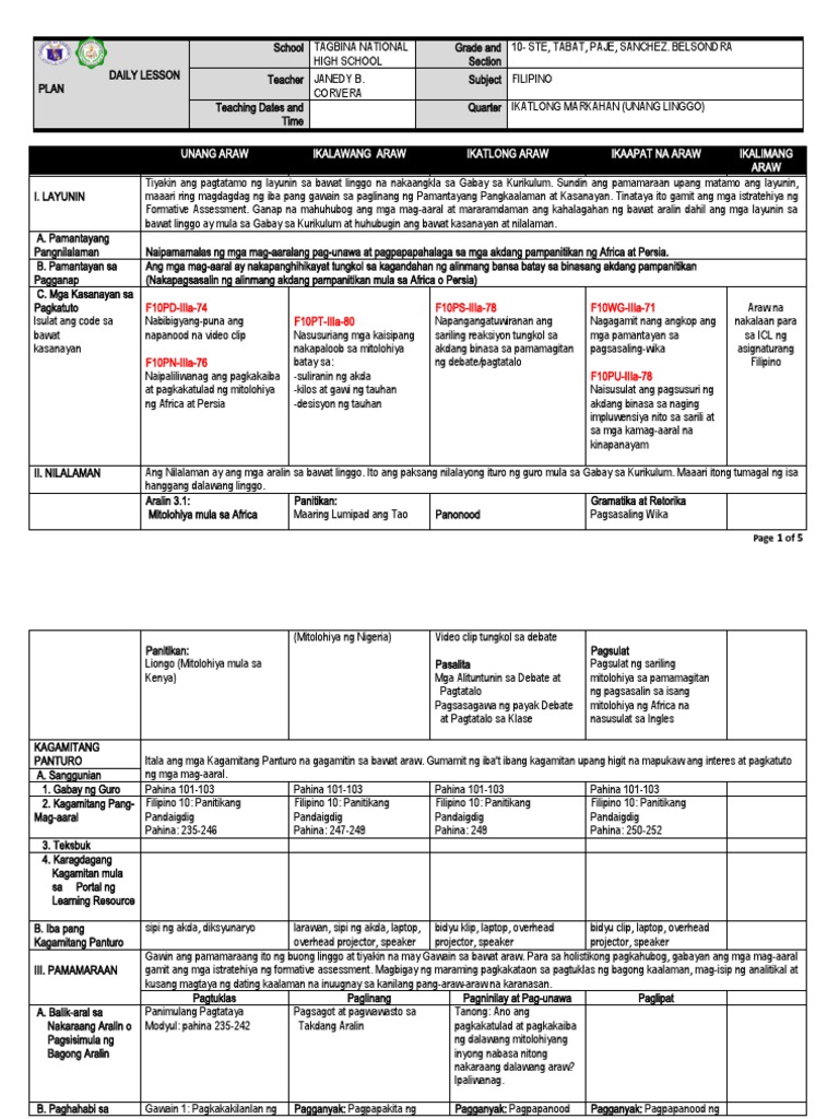 Filipino 10 - Aralin 3.1 | PDF