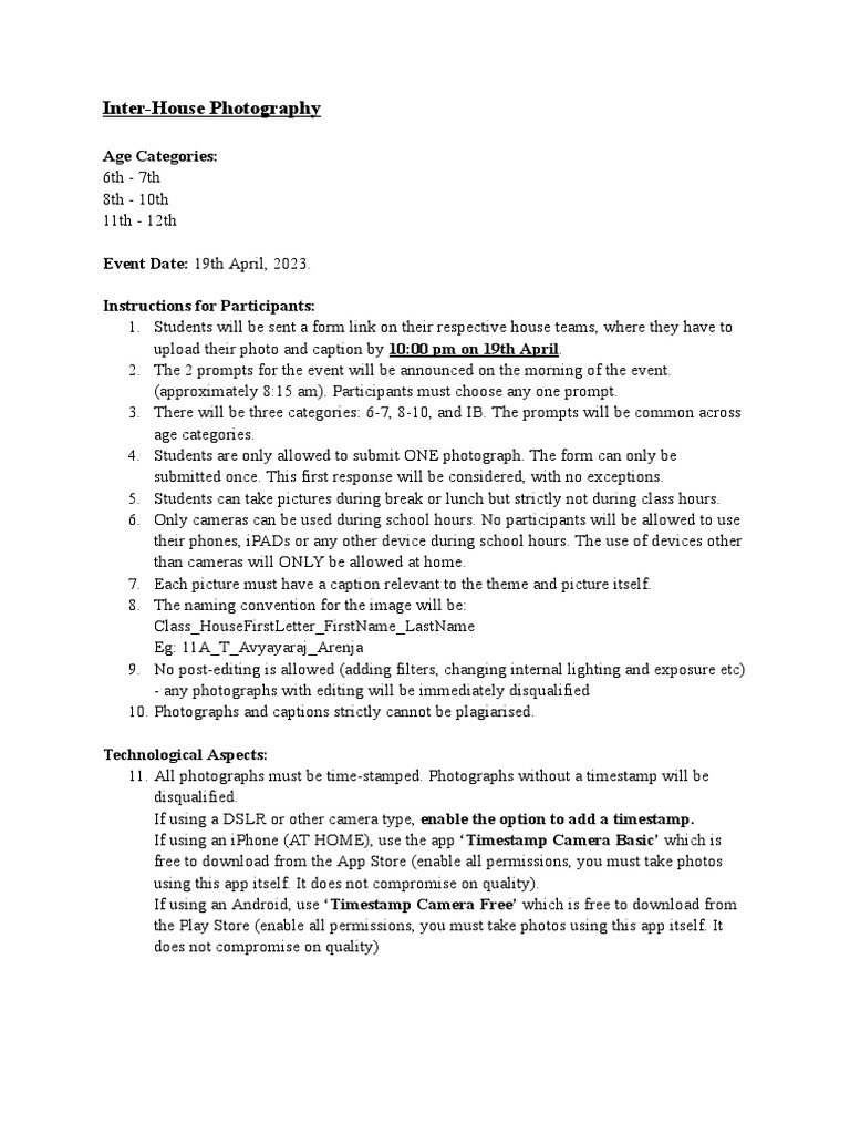 Final Instructions For Inter-House Photography | PDF | Camera | Photograph