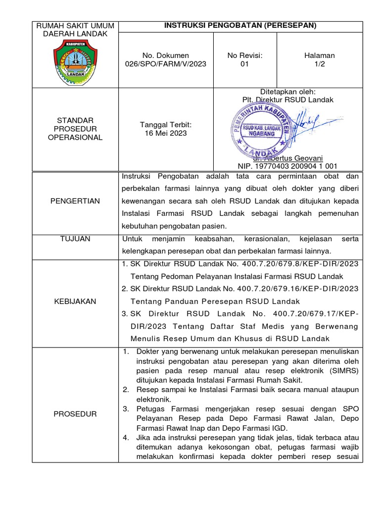 PKPO 4.1 EP 1 - SPO Instruksi Pengobatan (Peresepan) | PDF | Sains & Matematika