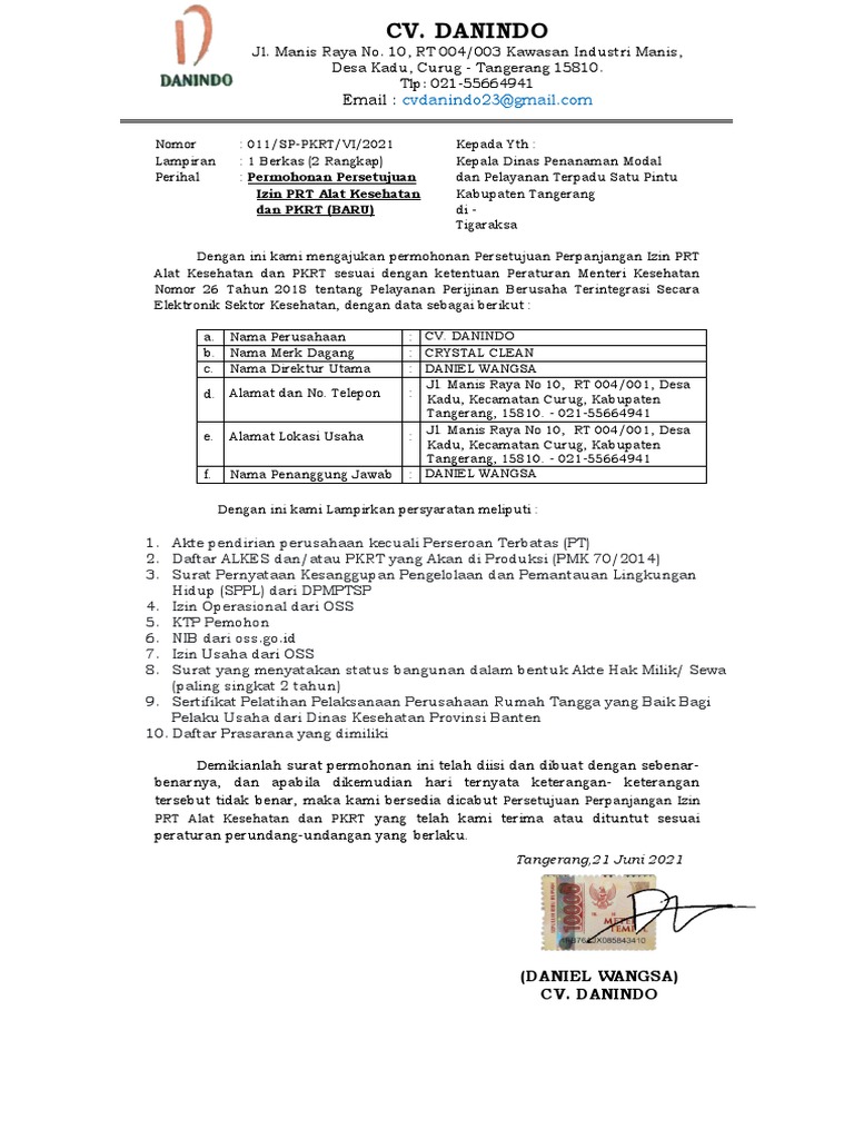 Surat Permohonan CV Danindo | PDF | Pengelolaan Keuangan & Uang
