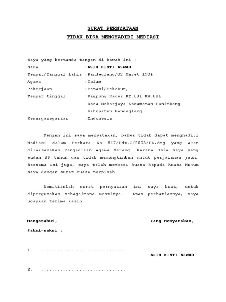 Surat Pernyataan TDK Hadir Mediasi | PDF