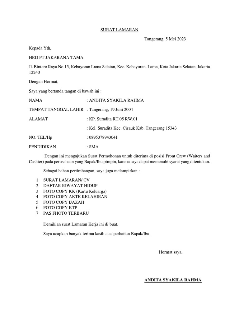 Surat Lamaran & CV (Andita Syakila Rahma) | PDF