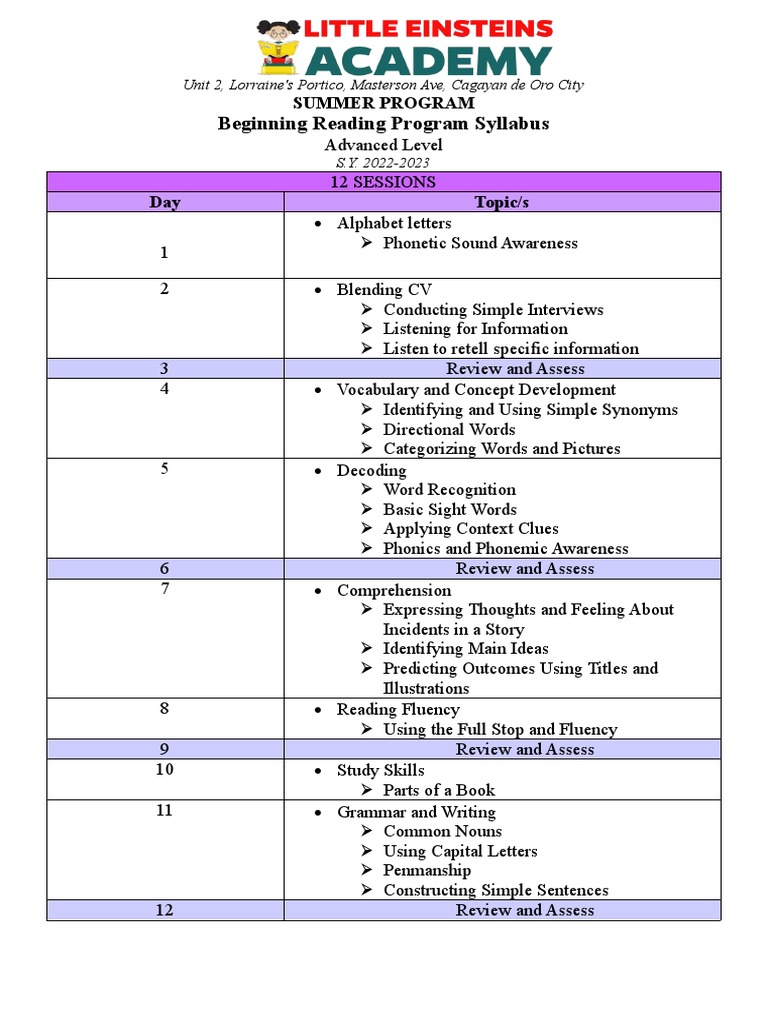 Summer Program Syllabus Beginning Reading Advanced Level | PDF ...