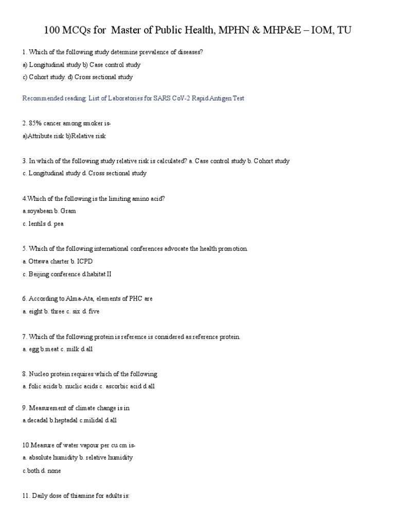100 MCQs For Master of Public Health | PDF | Public Health ...