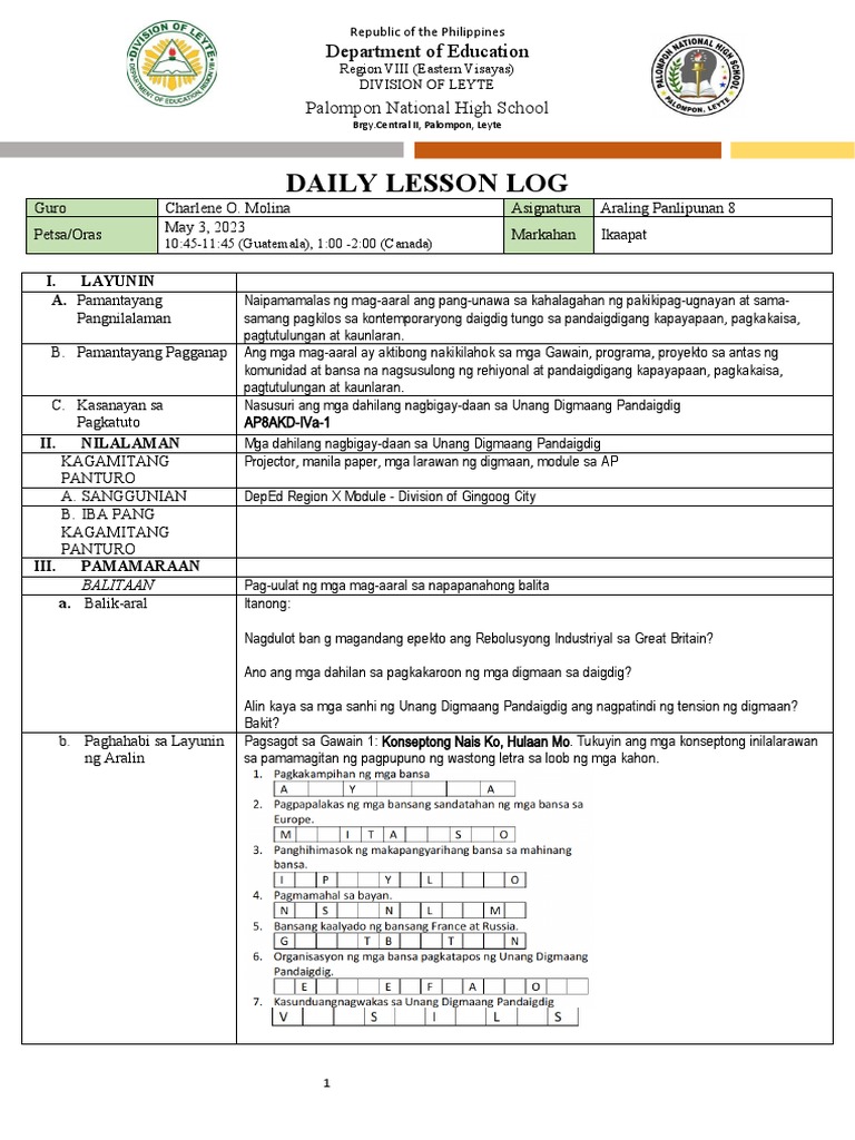 DLL AP8 Q4 M1 Unang Digmaang Pandaigdig - 2 | PDF